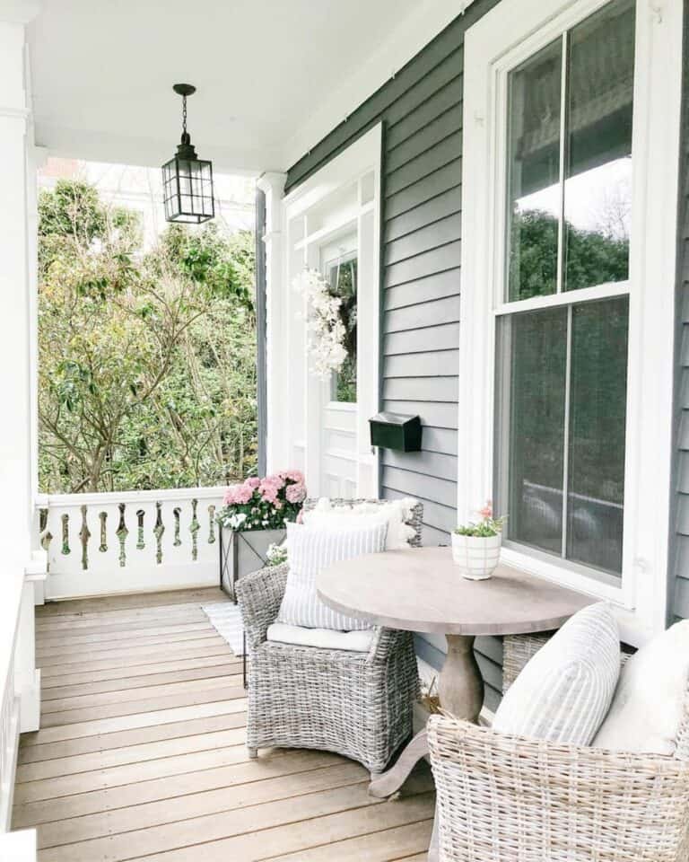 White Farmhouse Railing for Front Porch with Wicker Chairs - Soul & Lane