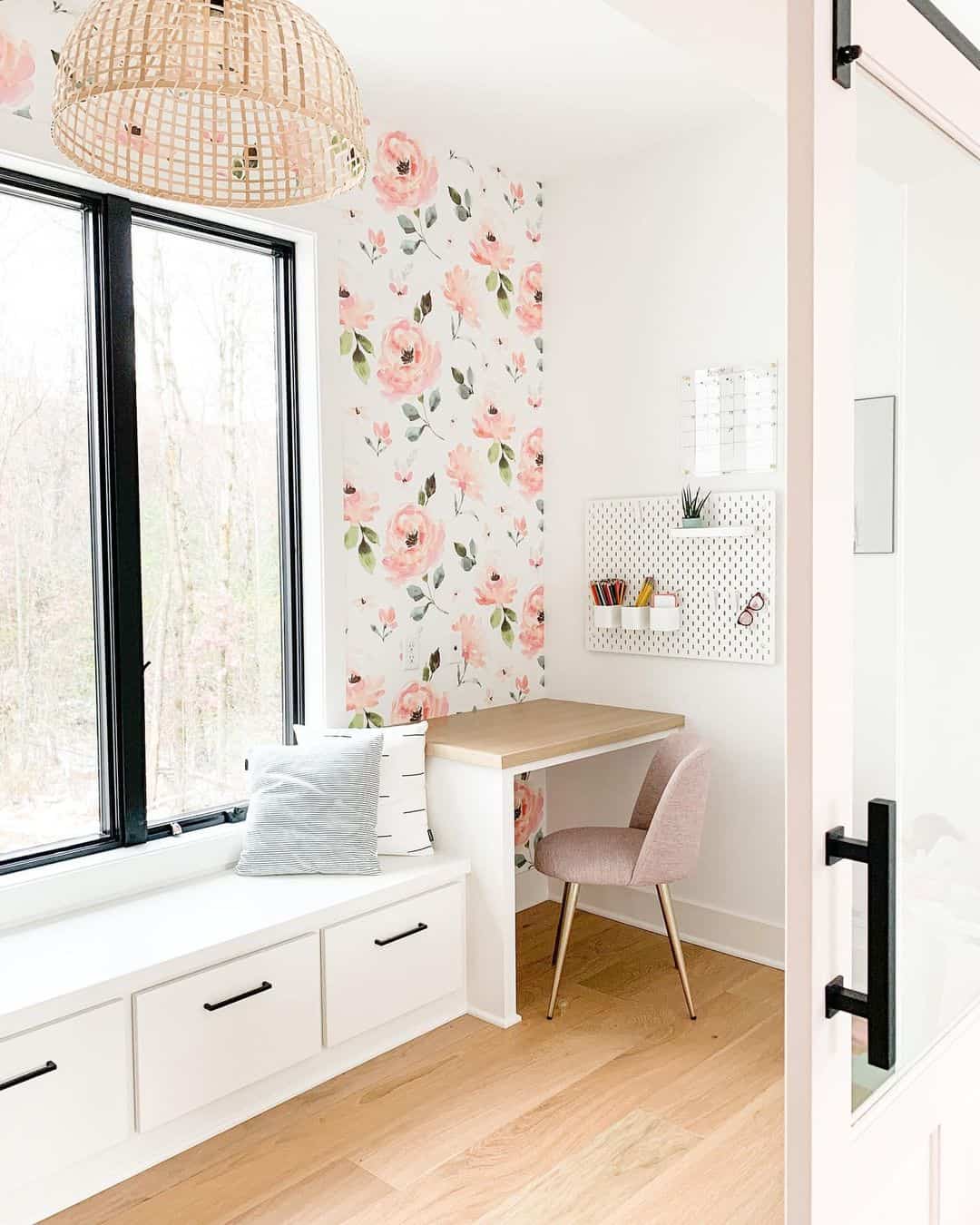 White Oak Desk Against Floral Wallpaper - Soul & Lane