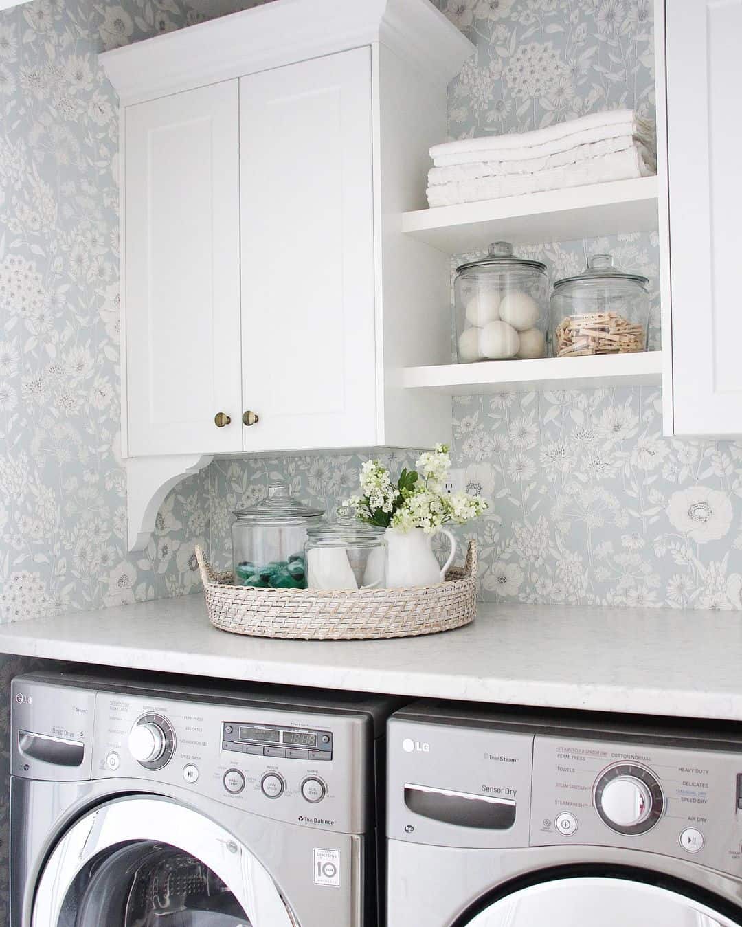 Farmhouse Laundry Room With Blue and White Botanical Wallpaper - Soul ...