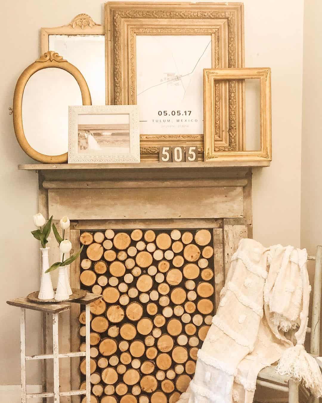 Faux Wooden Fireplace Decorated with Golden Frames - Soul & Lane