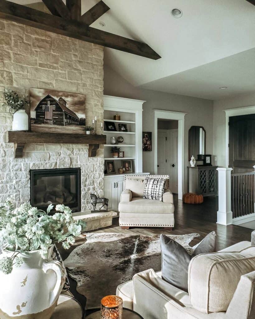Grand Stone Fireplace with Dark Wood Mantel - Soul & Lane