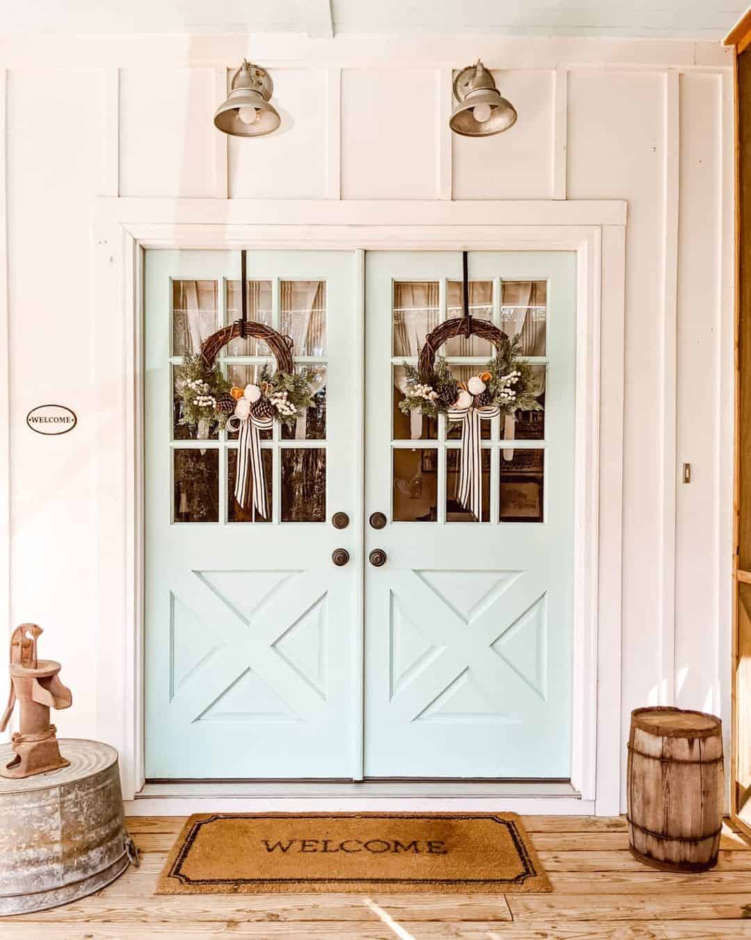 Light Blue Double Doors With Wreaths - Soul & Lane