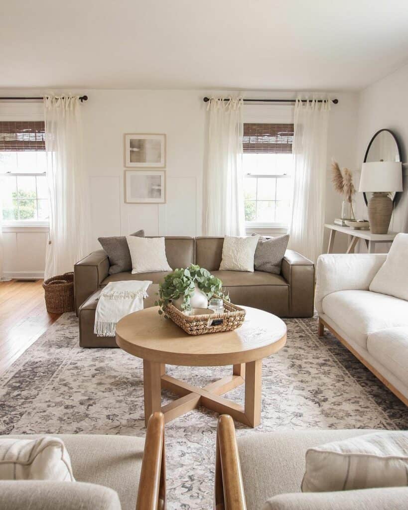 Neutral Farmhouse Living Tooms New Printed Rug + Spring Living Room