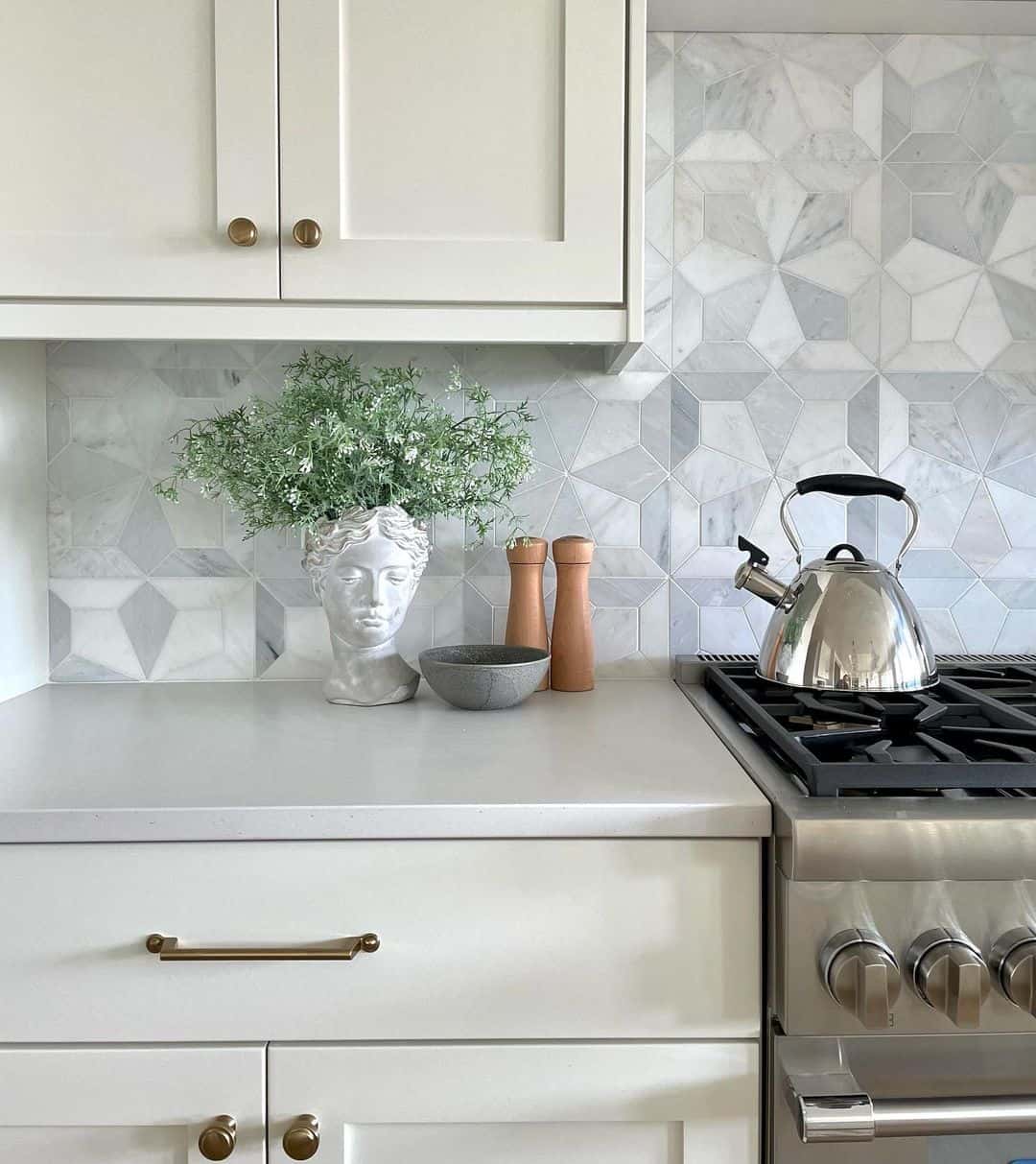 Neutral Geometric Tile Backsplash Ideas for White Cabinets - Soul & Lane