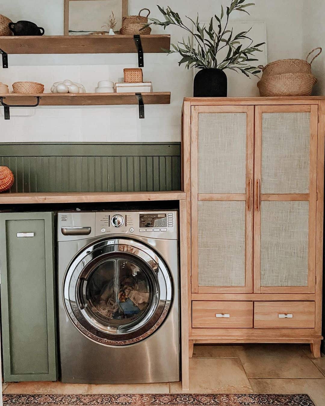 Neutral Wood and Olive Green Laundry Room Cabinets - Soul & Lane