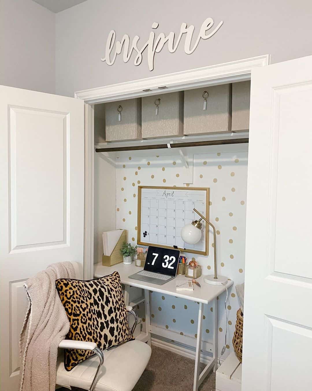 Office Inside a Closet With Polka-dot Wallpaper - Soul & Lane