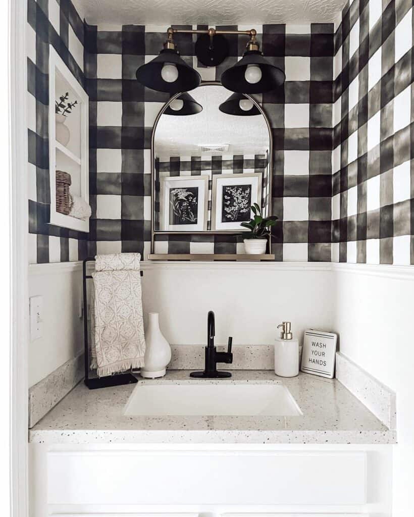 Rustic Checkered Wallpaper in Modern Bathroom Idea - Soul & Lane