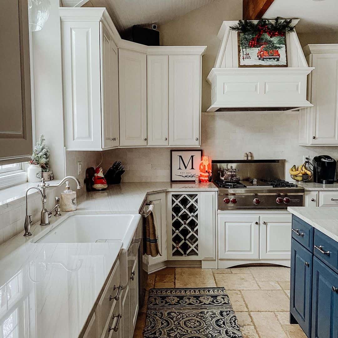Rustic White Kitchen with a Blue Island - Soul & Lane