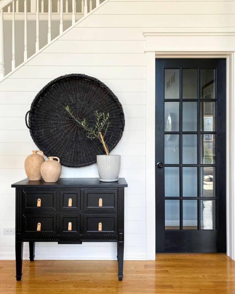 Shiplap Staircase Wall With Wicker Décor - Soul & Lane