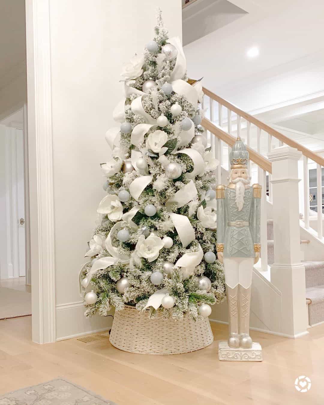 Silver and White Frosted Tree with Christmas Nutcracker - Soul & Lane