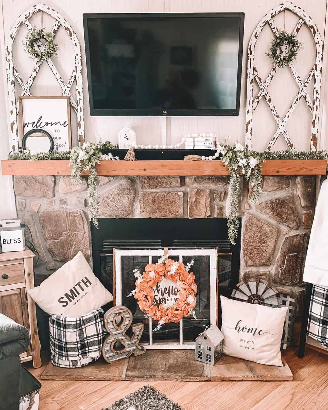 Stone Fireplace With Rustic Window Frame Décor - Soul & Lane