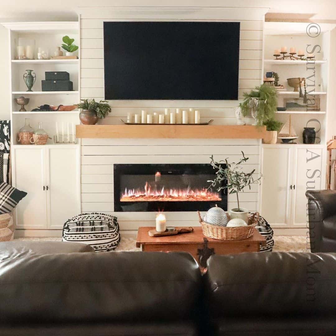 TV Mounted Over Fireplace on Shiplap Accent Wall - Soul & Lane