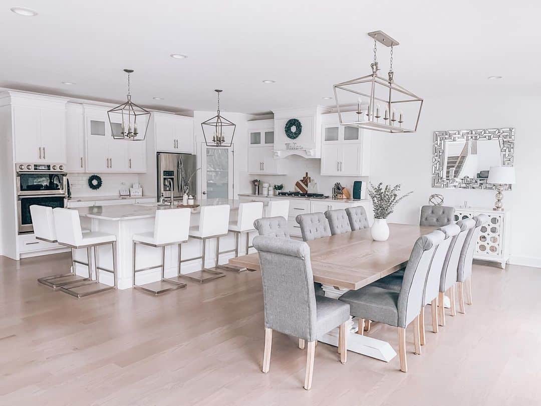 Two-toned Farmhouse Table With Gray Upholstered Chairs - Soul & Lane