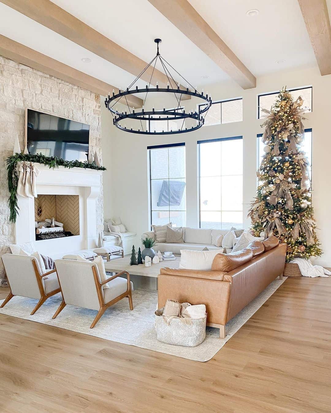 White Mantel Fireplace and Light Wood Beams - Soul & Lane