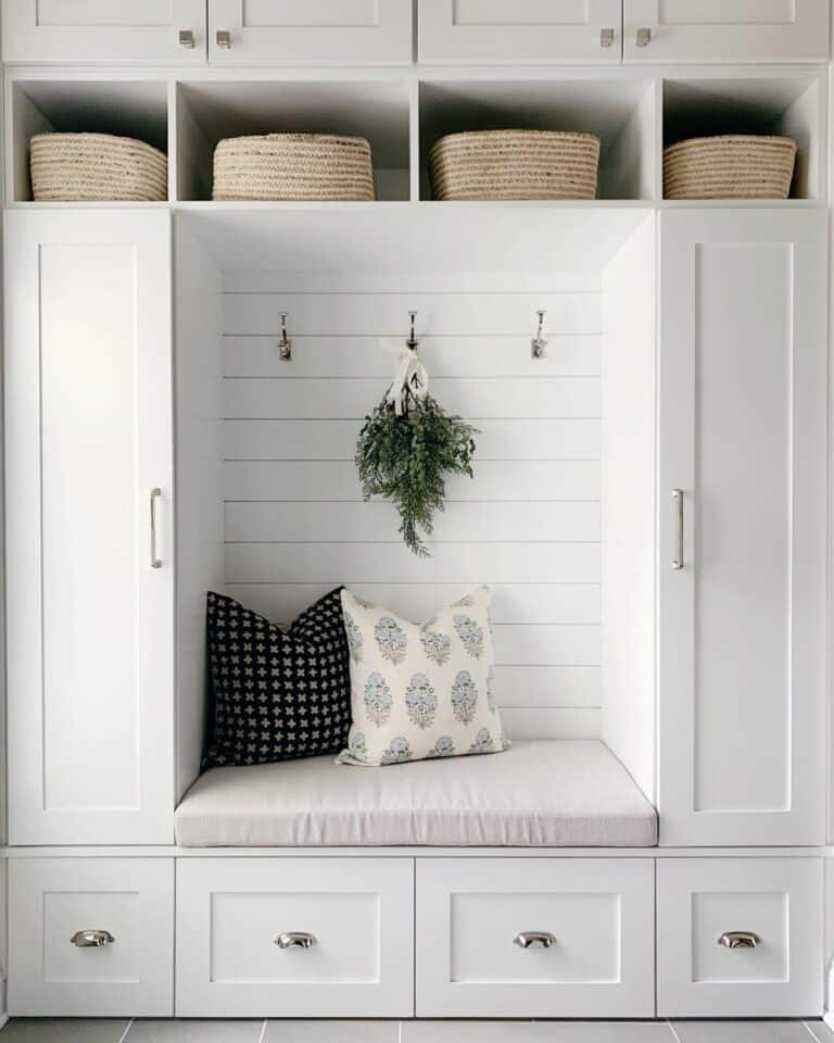 White Mudroom Cabinets with Built-in Bench - Soul & Lane