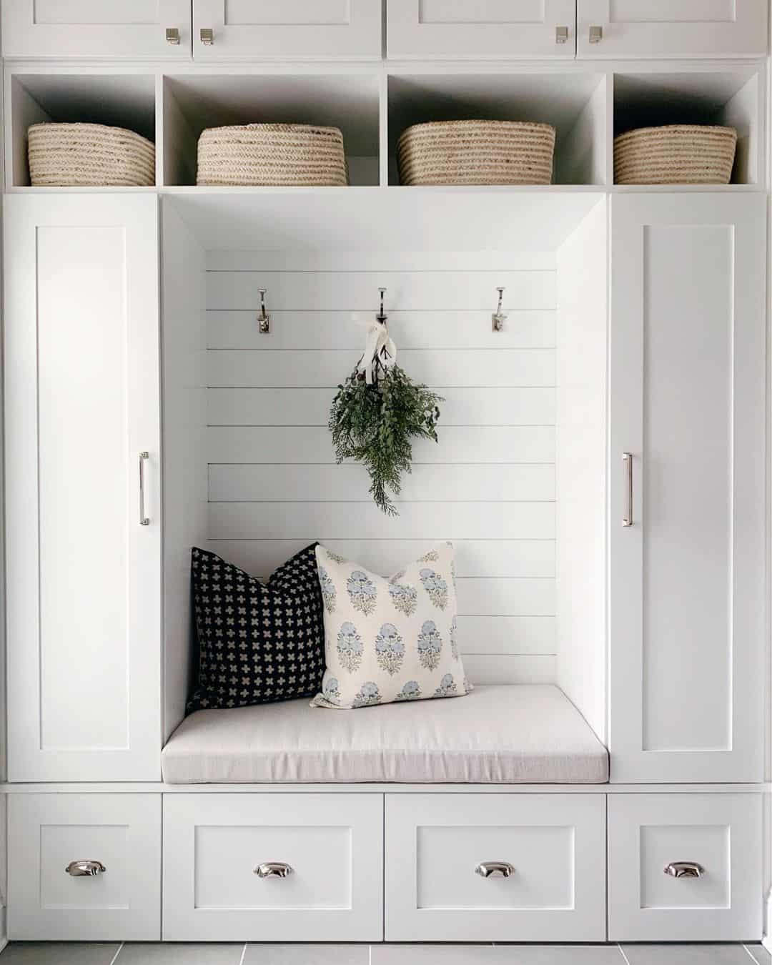 White Mudroom Cabinets with Built-in Bench - Soul & Lane