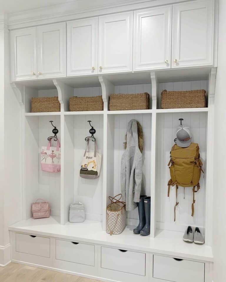 White Mudroom Lockers with White Shiplap Trim - Soul & Lane