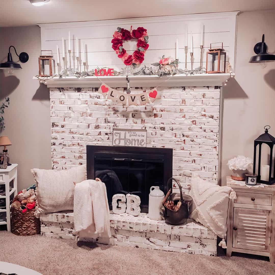 Whitewashed Brick Fireplace With Valentine's Décor Ideas - Soul & Lane