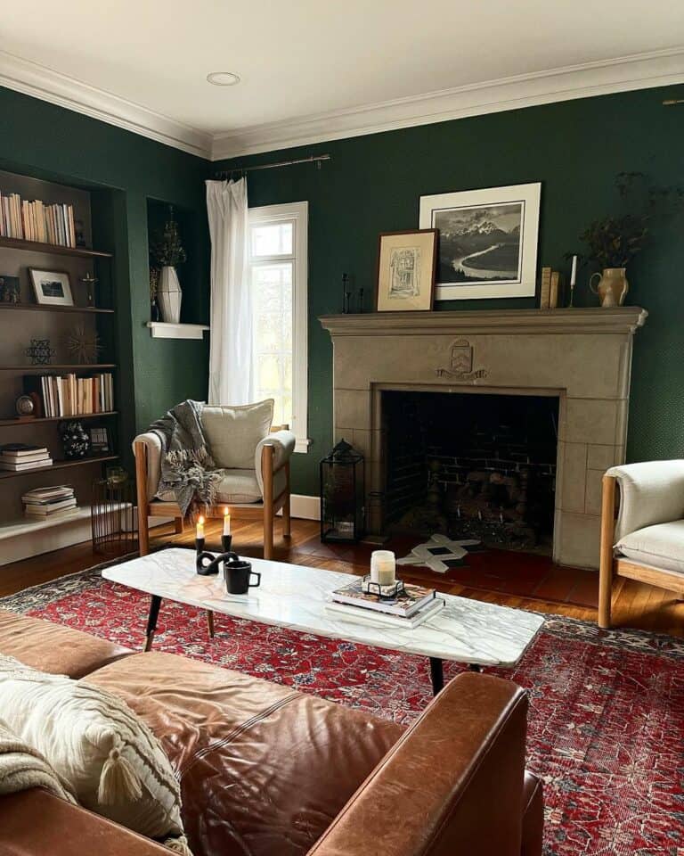 Cozy and Warm Living Room With Dark Green Walls - Soul & Lane