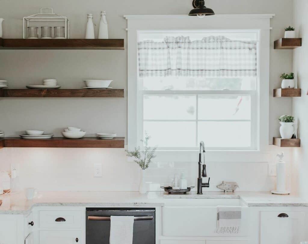 Dainty Kitchen With Wood Floating Shelves - Soul & Lane Dainty Kitchen With Wood Floating Shelves - Soul & Lane