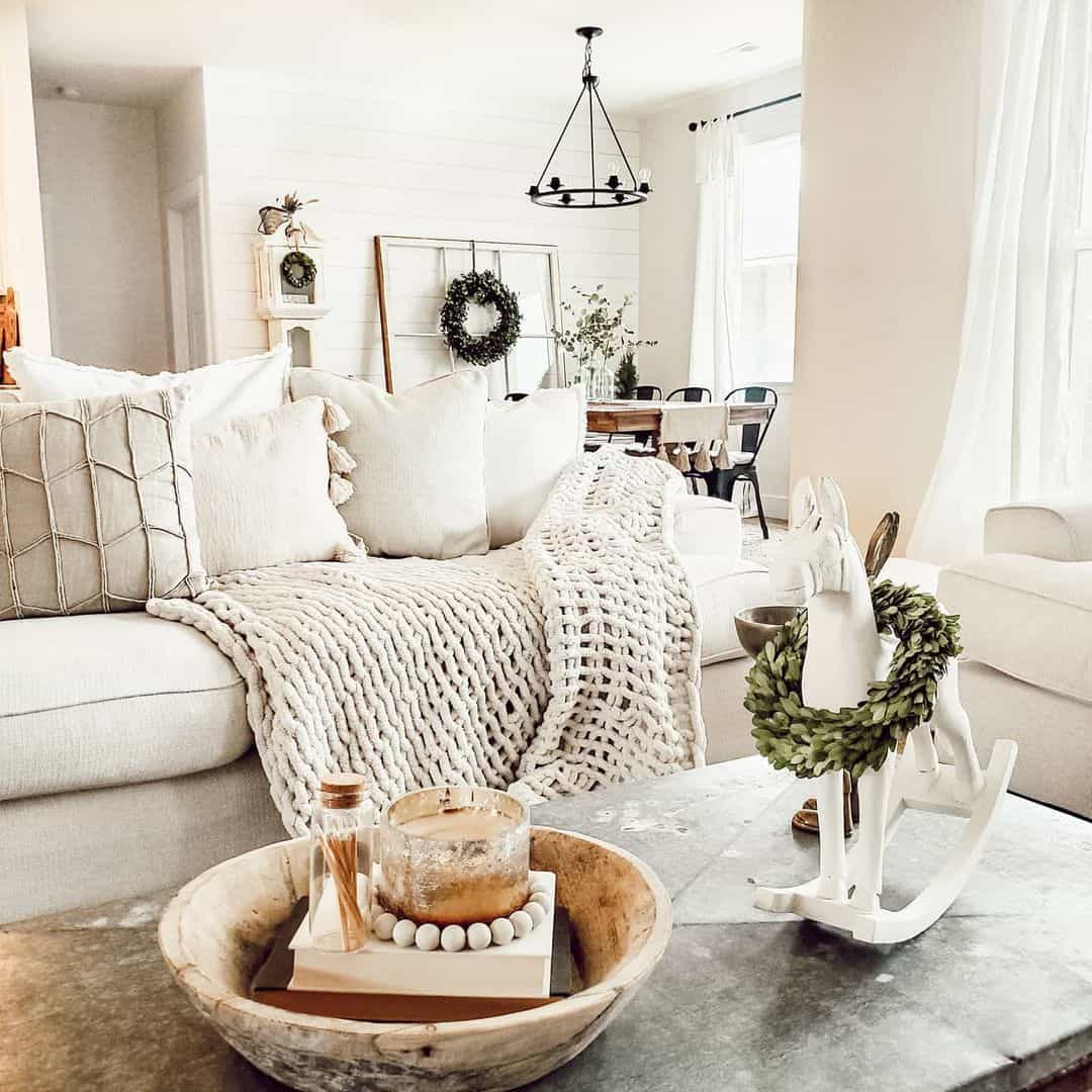 Elegant Farmhouse Living Room With Neutral and Rustic Accents - Soul & Lane