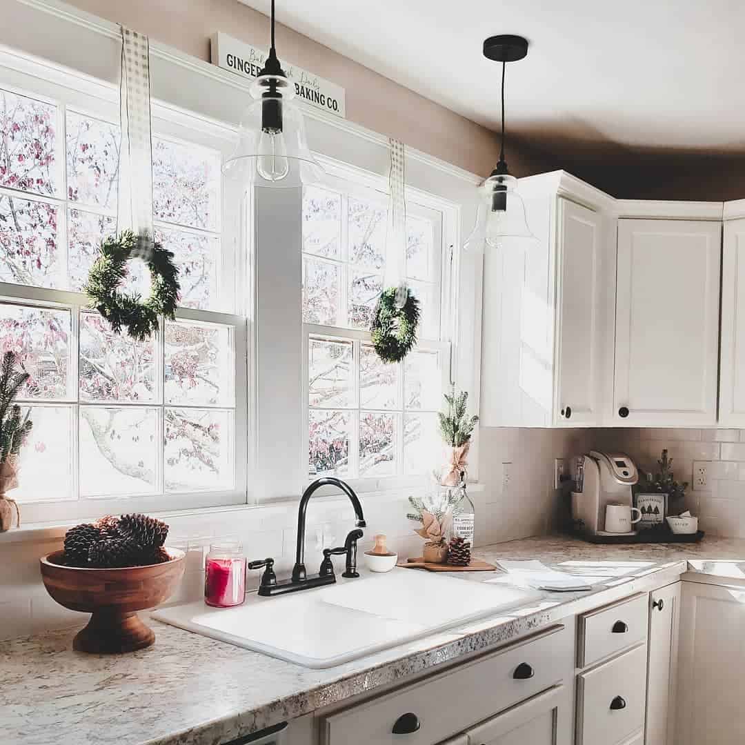 Greige Farmhouse Kitchen With Wreaths on Windows - Soul & Lane