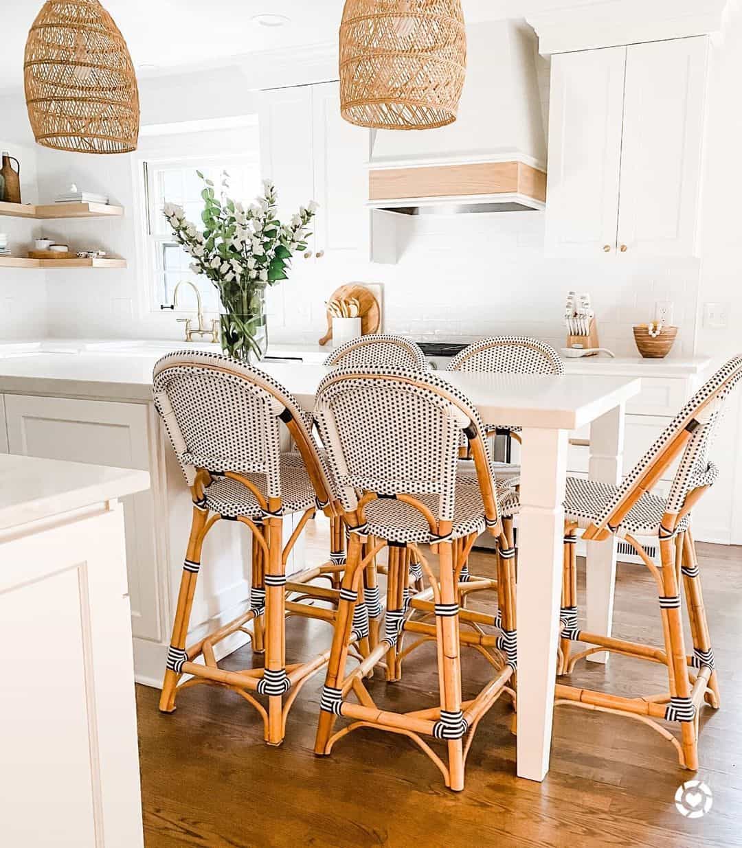 Intimate Eat-in Kitchen Design With Wicker Bar Chairs - Soul & Lane