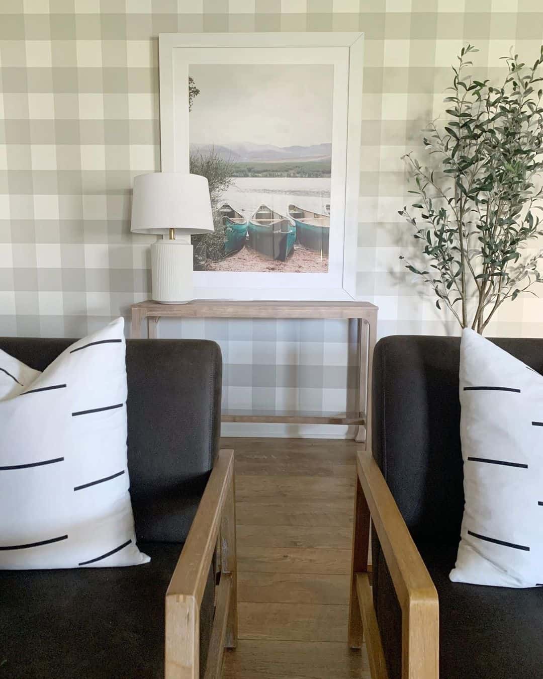 Living Room With Green-and-White Checkered Wallpaper - Soul & Lane