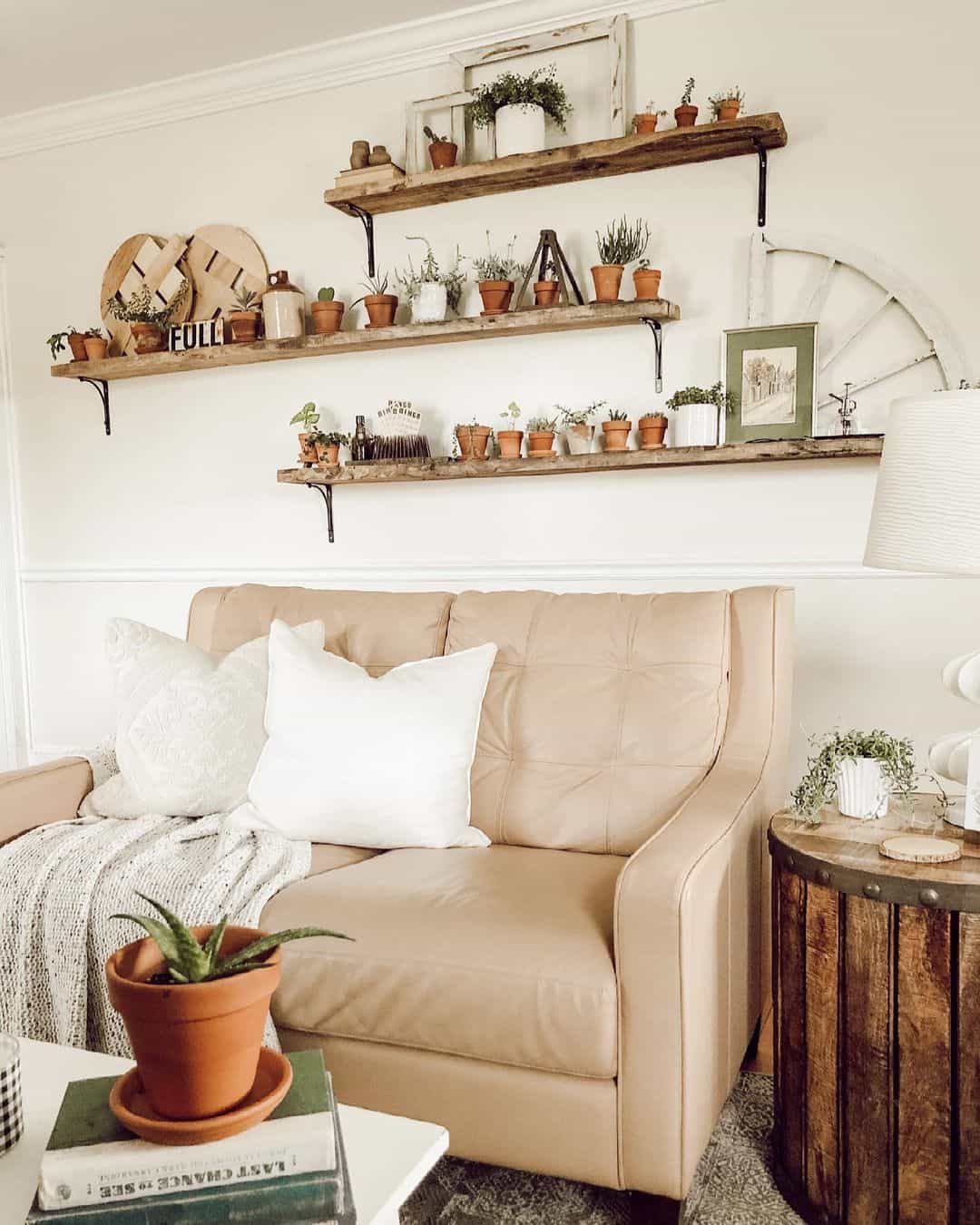 Living Room With Rustic Plant Shelves - Soul & Lane