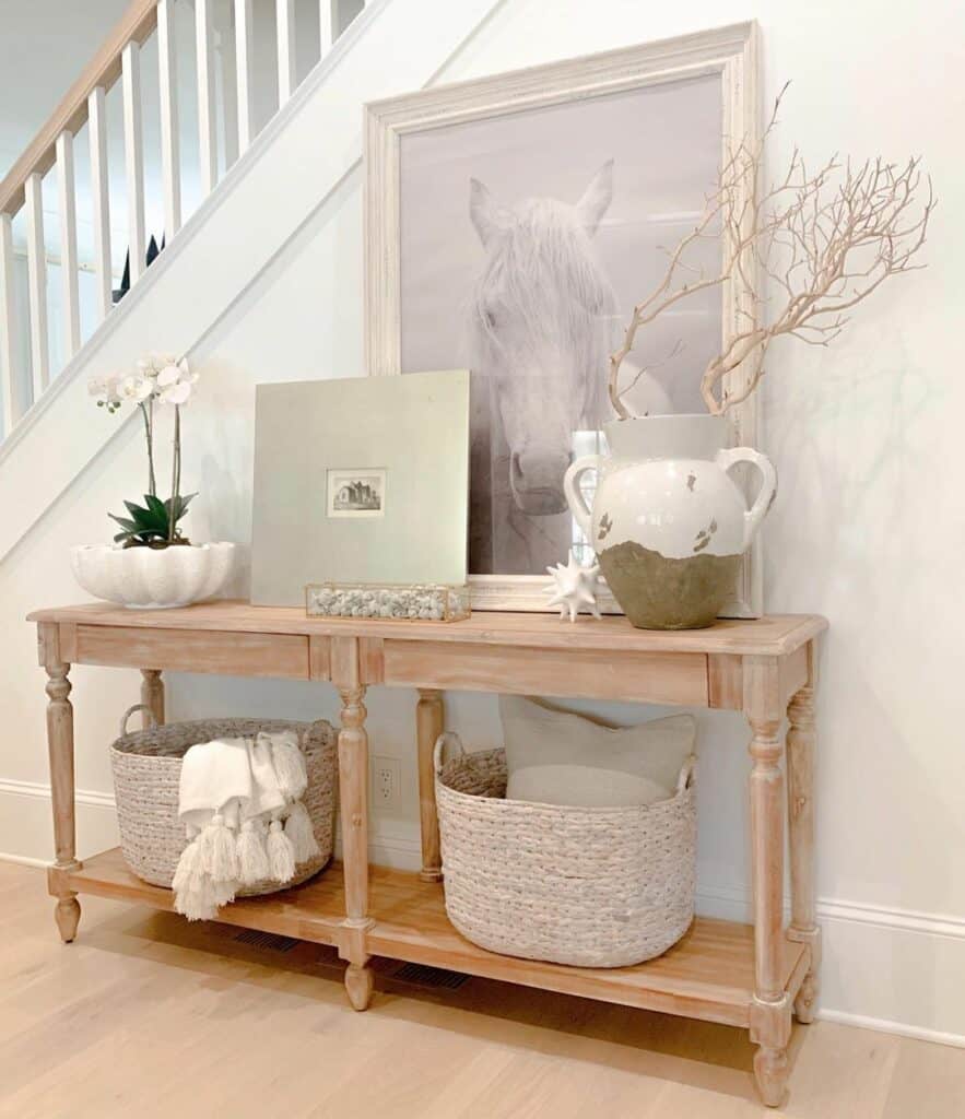 Neutral Entryway Scene With Wooden Console Table - Soul & Lane
