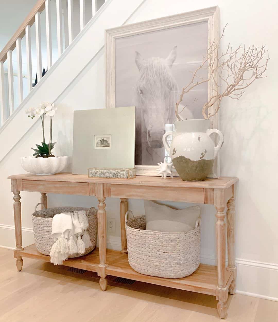 Neutral Entryway Scene With Wooden Console Table - Soul & Lane