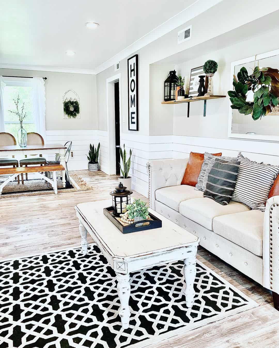 Open Great Room With Black and White Area Rug - Soul & Lane