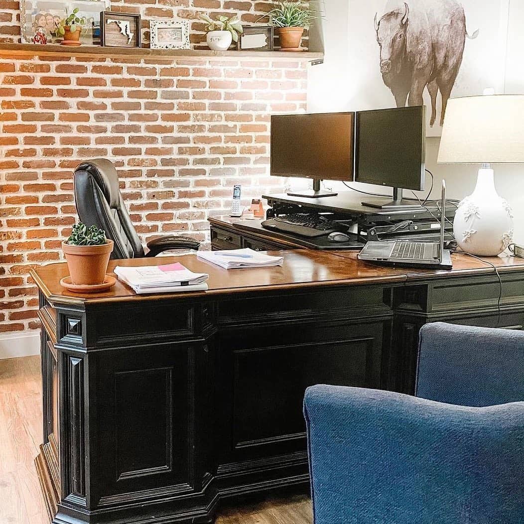 Red Brick Accent Wall in a Masculine Home Office - Soul & Lane