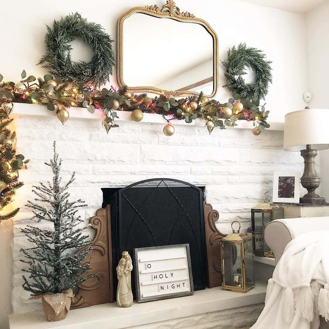 Rustic White Fireplace With Christmas Lanterns - Soul & Lane