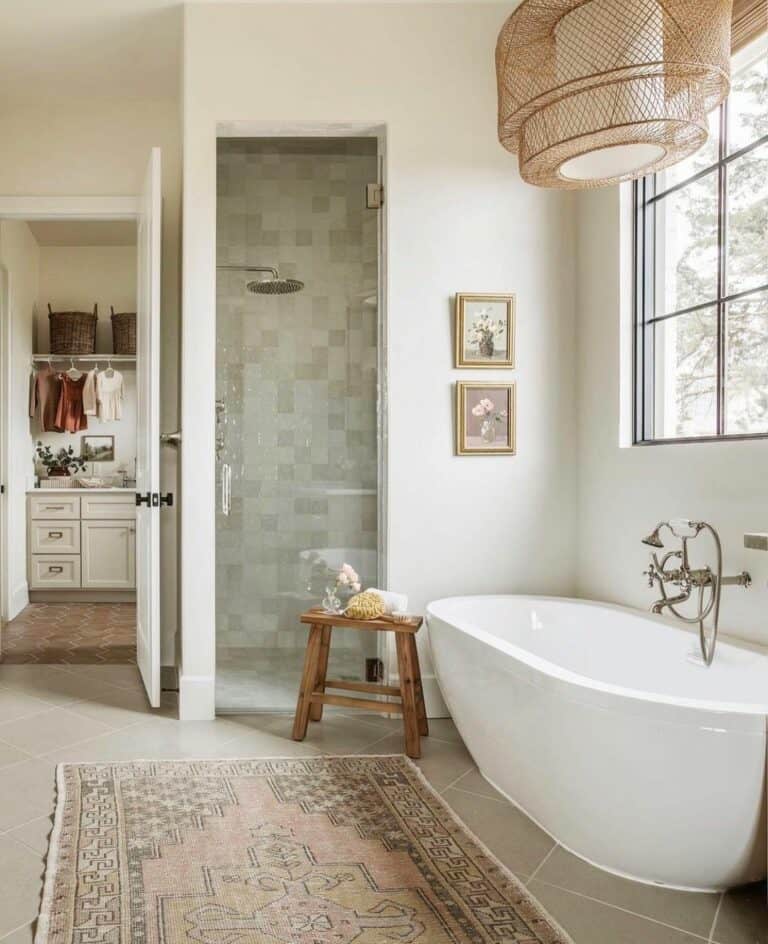 Small Walk-in Shower With White and Gray Square Tiles - Soul & Lane