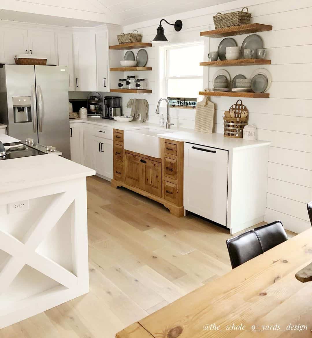 Stained Wood Floating Shelves in White Shiplap Kitchen - Soul & Lane Stained Wood Floating Shelves in White Shiplap Kitchen - Soul & Lane