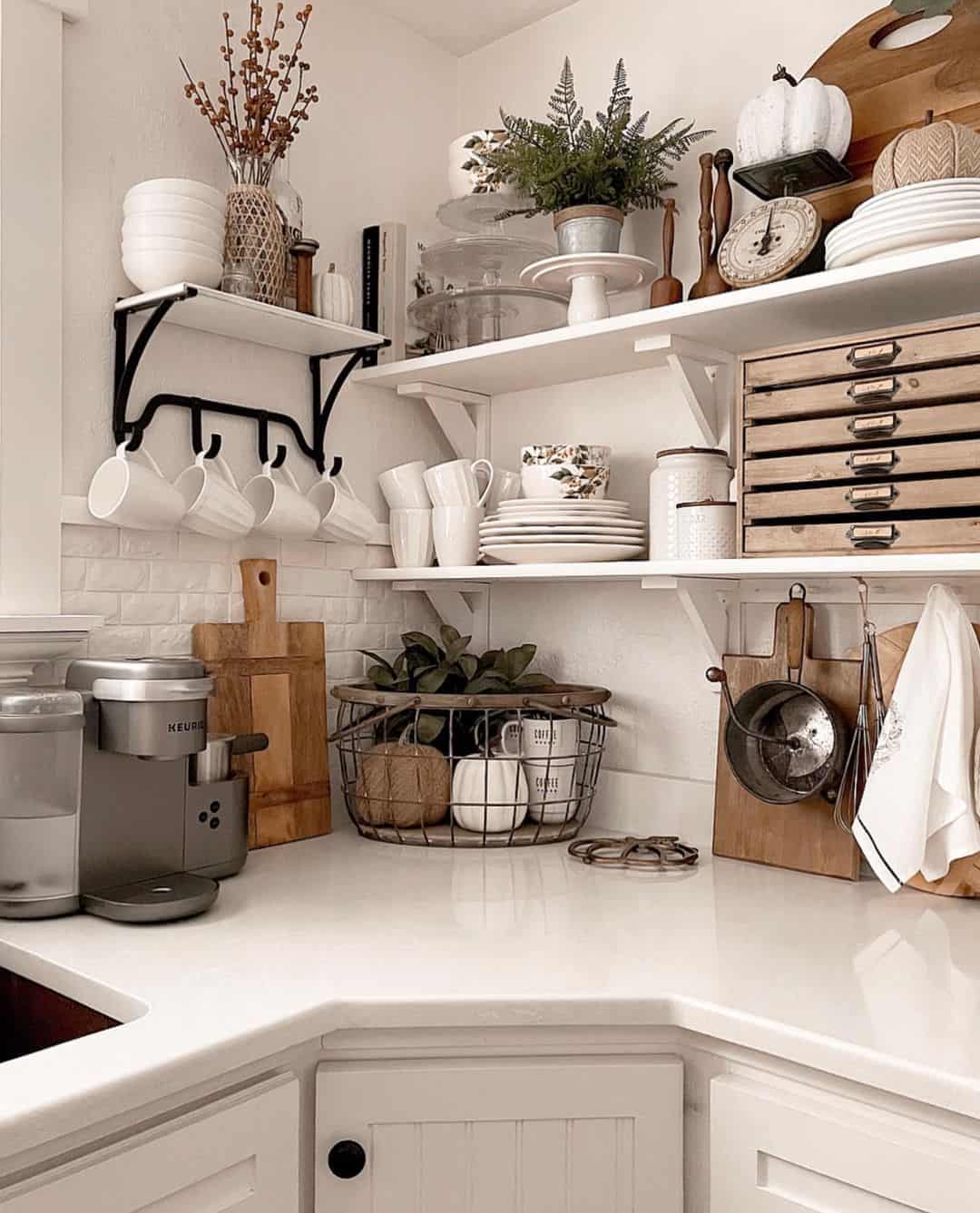 White Crockery and Fall Décor on Open White Shelves - Soul & Lane