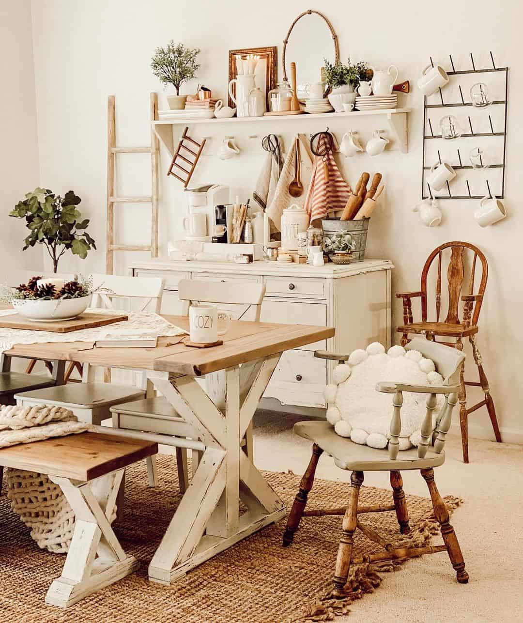 White Sideboard Behind Rustic Table - Soul & Lane