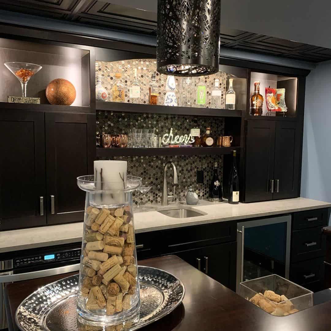 Basement Bar With Dark Stained Wood Cabinets - Soul & Lane