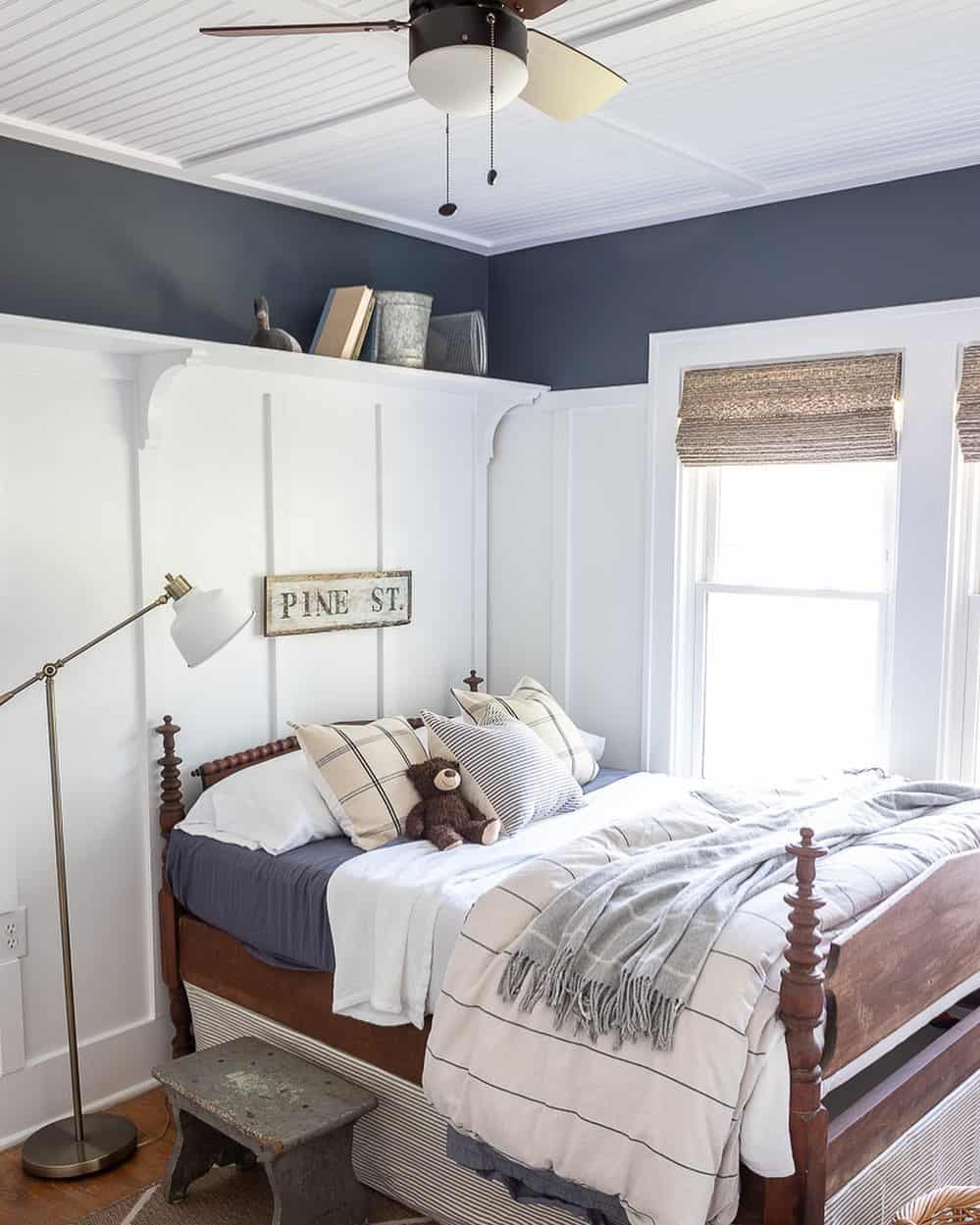 Blue and White Bedroom With Wood Bedframe - Soul & Lane