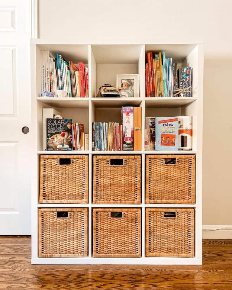 Cube Book Storage With Wicker Baskets - Soul & Lane