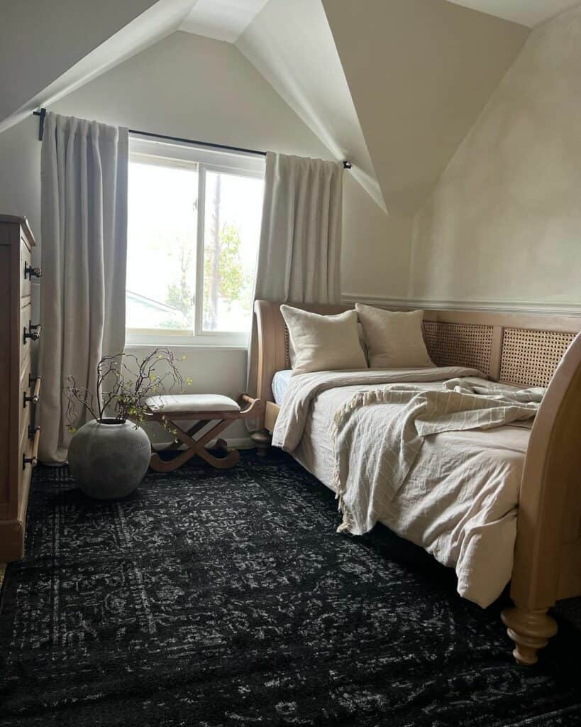 Dark Statement Rug in Neutral Bedroom - Soul & Lane