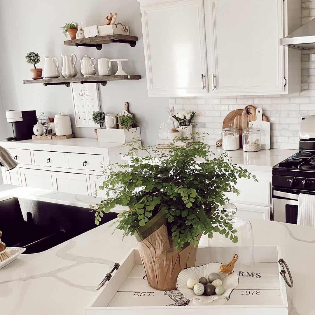 Elegant White Kitchen With Accents of Greenery - Soul & Lane