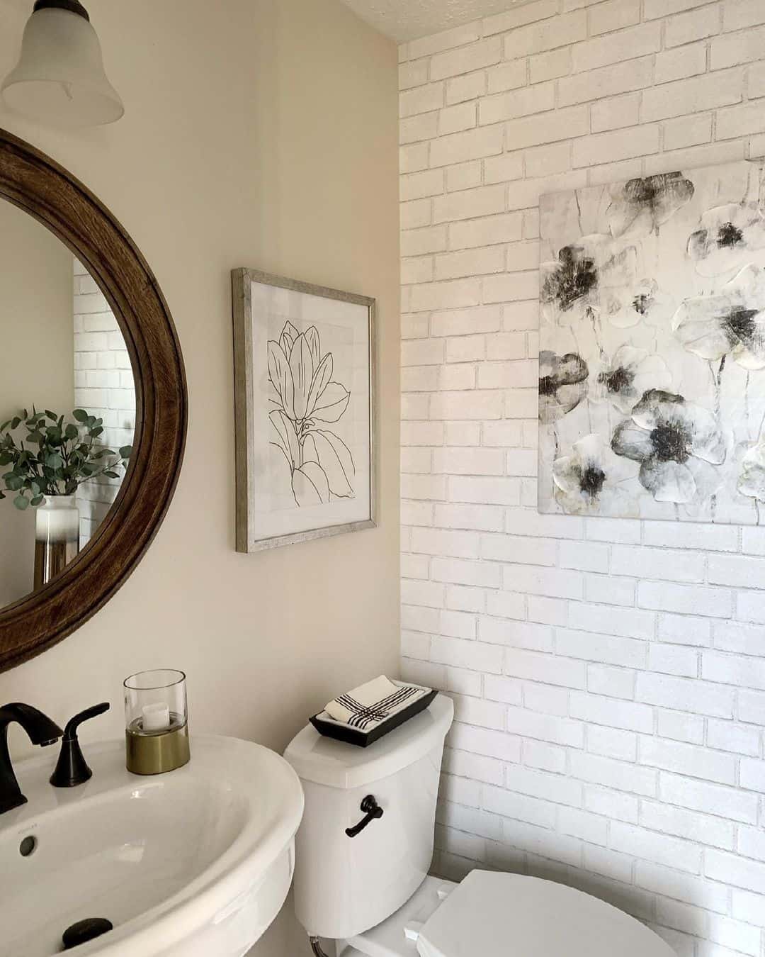 Exposed White Brick Small Bathroom Ideas - Soul & Lane
