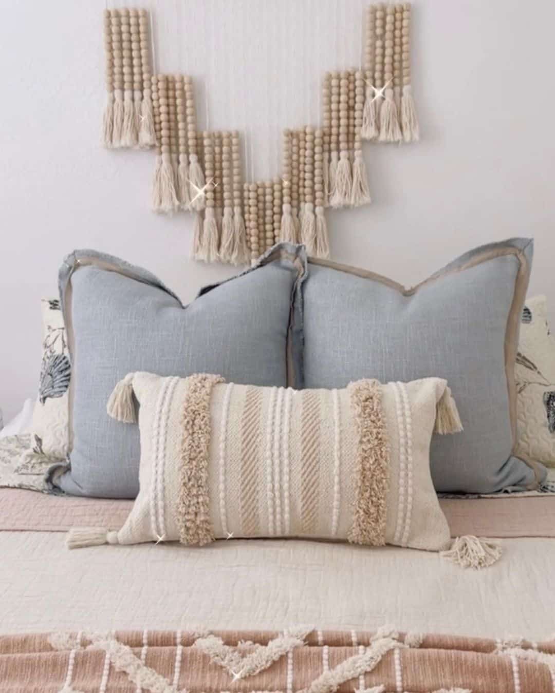 Farmhouse Bed With Unique Wooden Beaded Wall Accent - Soul & Lane