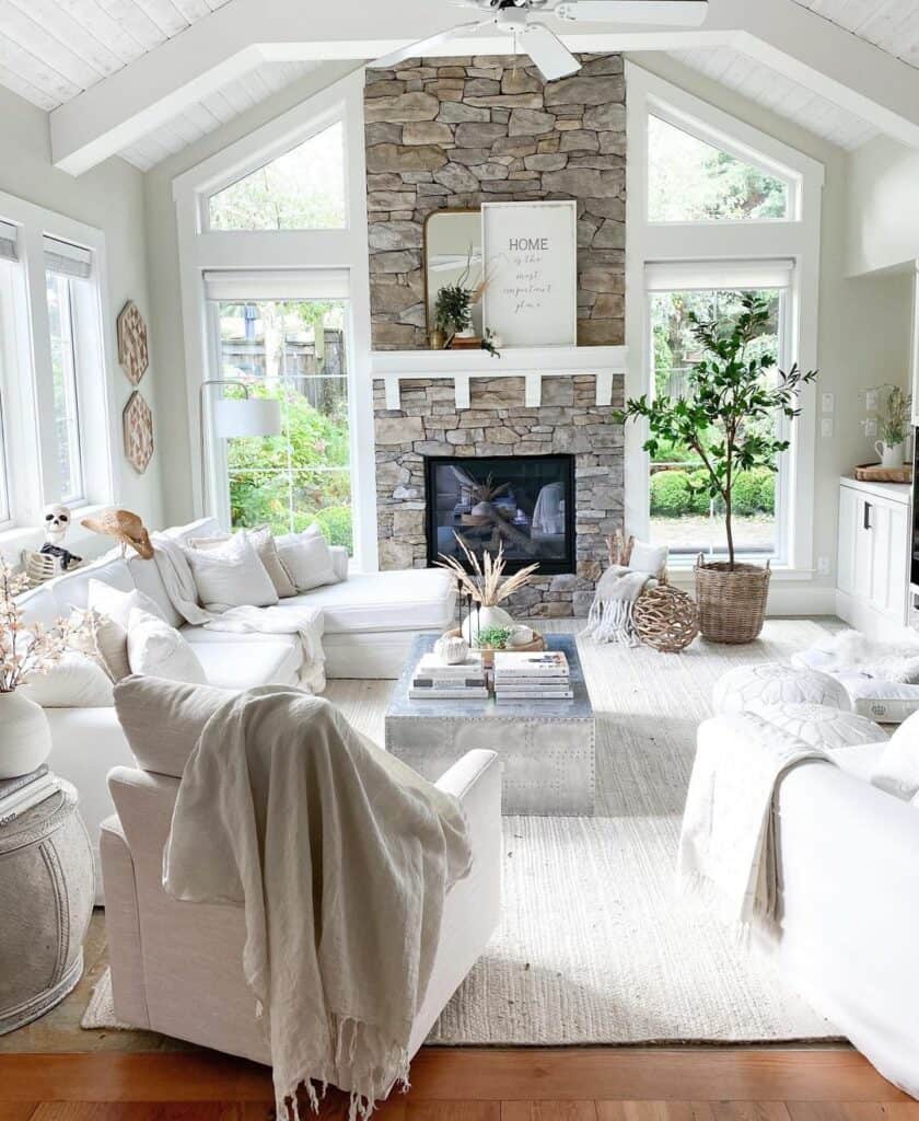 Flagstone Fireplace Between Floor-to-Ceiling Windows - Soul & Lane
