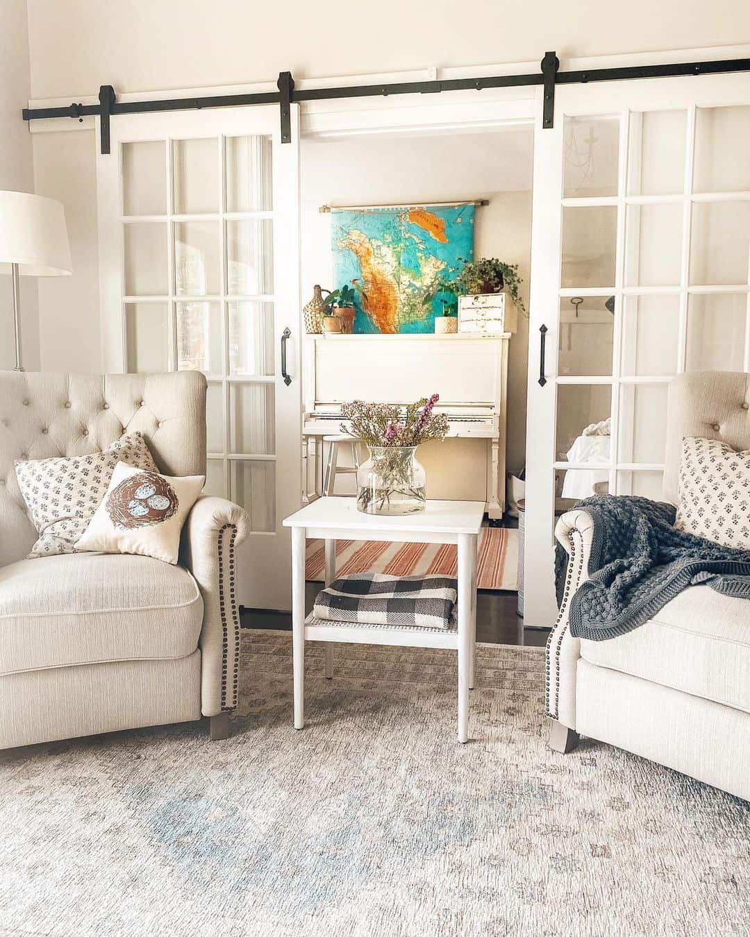 French Barn Doors in Vintage Living Room - Soul & Lane