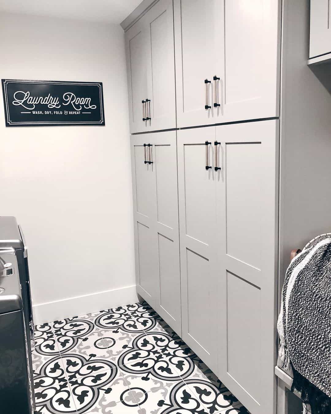 Gray Shaker Laundry Cabinets With Black Pulls - Soul & Lane