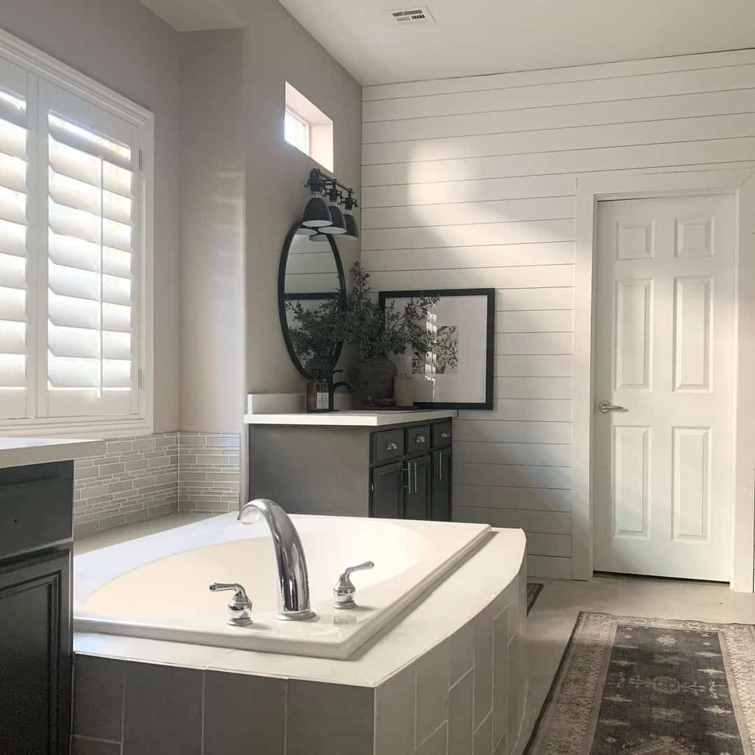 Industrial-style Bathroom With White Shiplap Walls - Soul & Lane