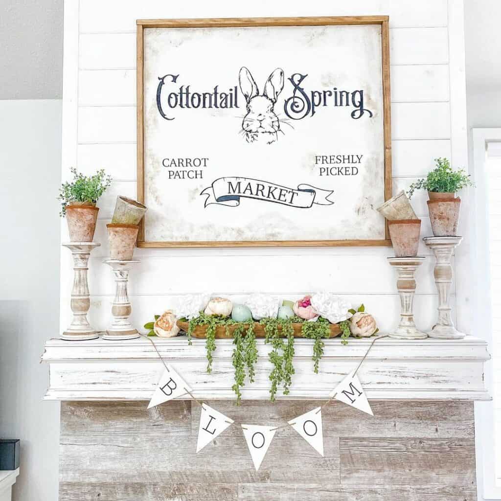 Light Gray Rabbit Sign Over Rustic Mantel - Soul & Lane